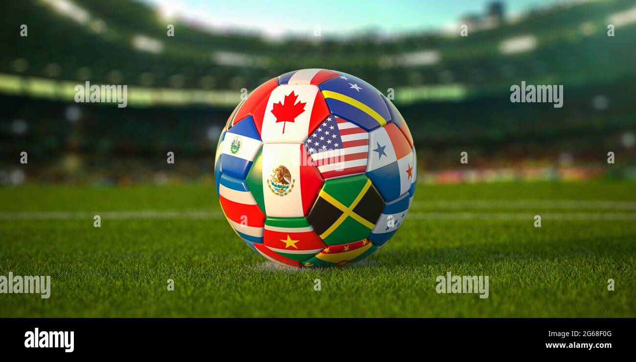 Soccer Football ball with flags of North America countries on the field ...