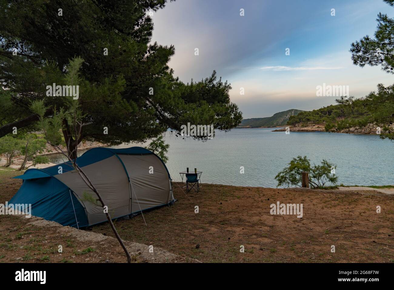 A view of a tourist tent on the beach overlooking the Adriatic Sea ...
