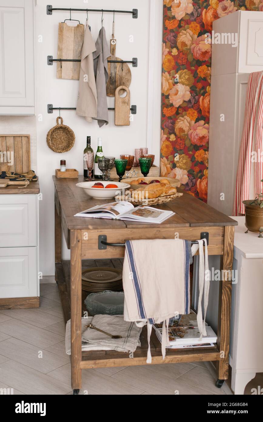 Kitchen table with food and cooking utensils in Scandinavian style ...