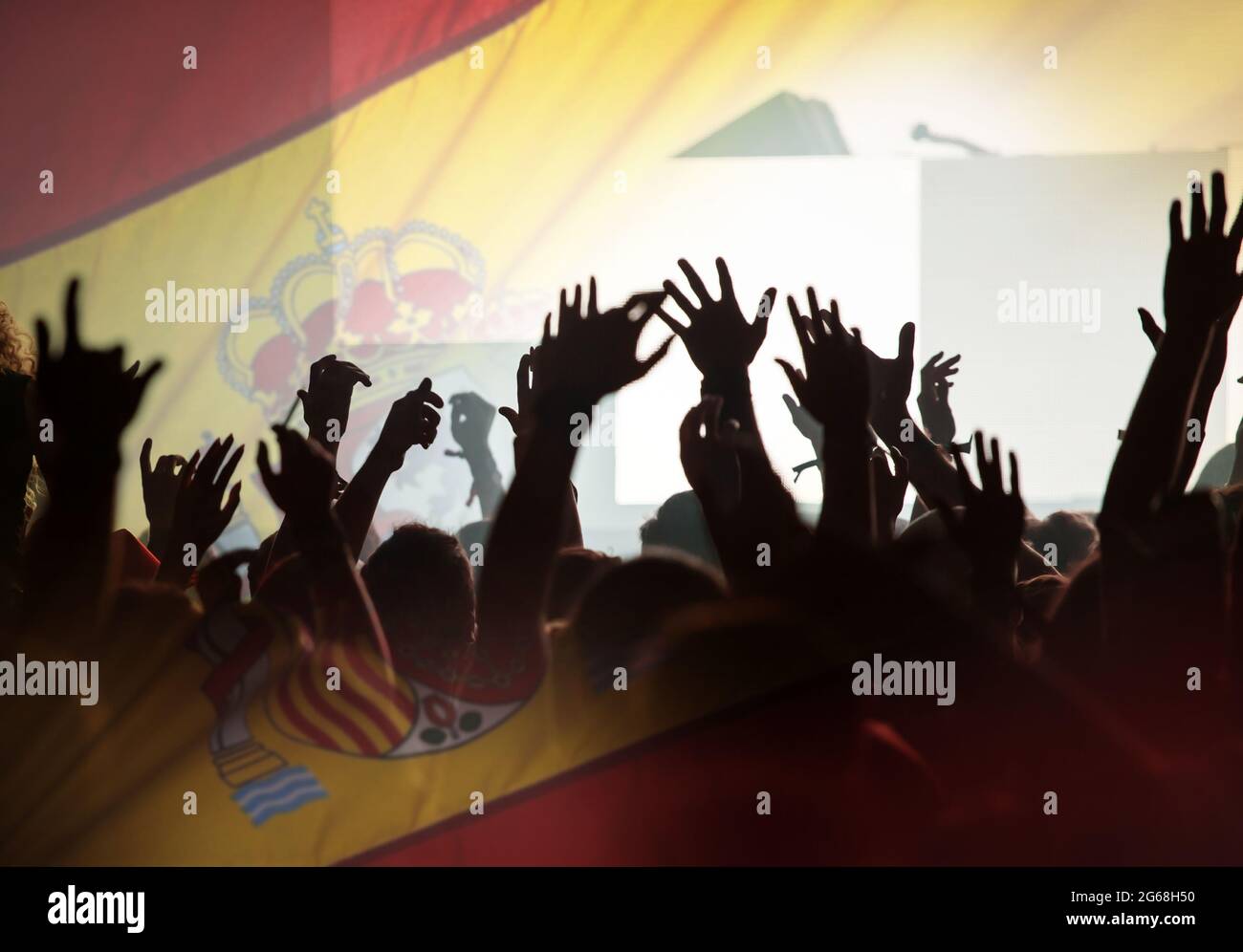 Football fans supporting Spain - crowd celebrating in stadium with ...