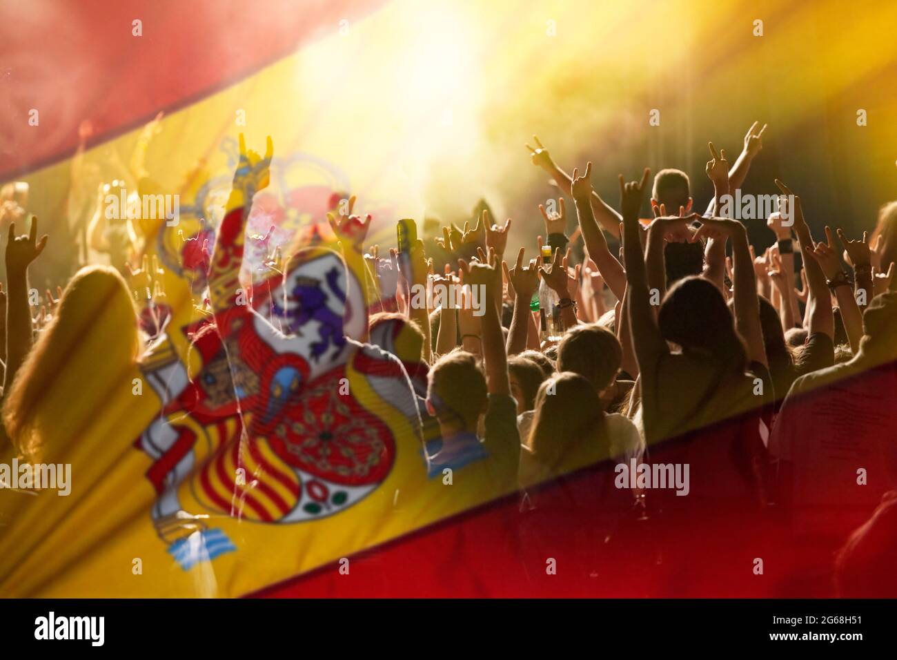 Football fans supporting Spain - crowd celebrating in stadium with ...