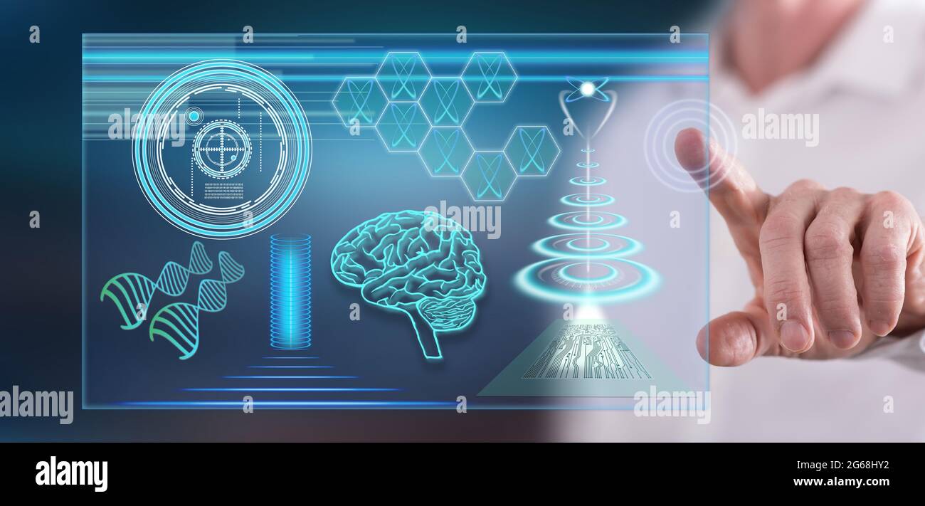 Man touching a futuristic technologies concept on a touch screen with ...