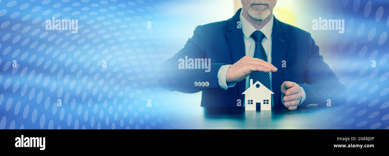 Insurer protecting a house with his hands, color effect; panoramic ...