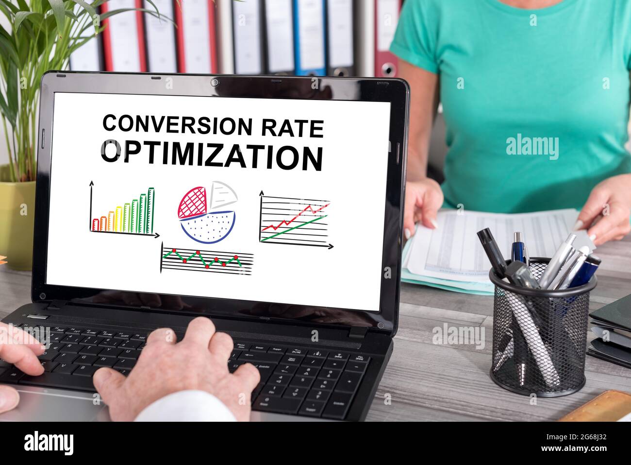 Laptop screen with conversion rate optimization concept Stock Photo - Alamy