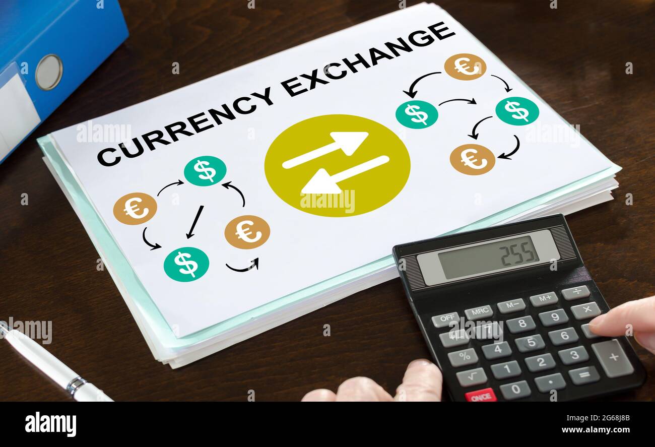 Currency exchange concept illustrated on a paper with a calculator ...