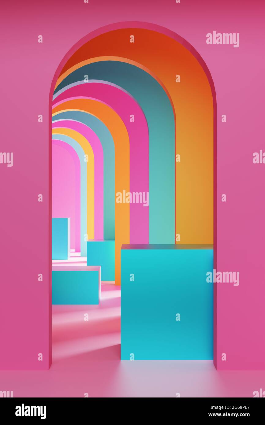 Realistic 3D illustration of colorful arches and cubes Stock Photo - Alamy