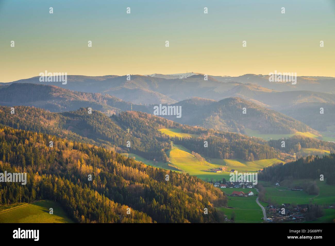 Germany, Aerial panorama view to feldberg mountain above hiking ...