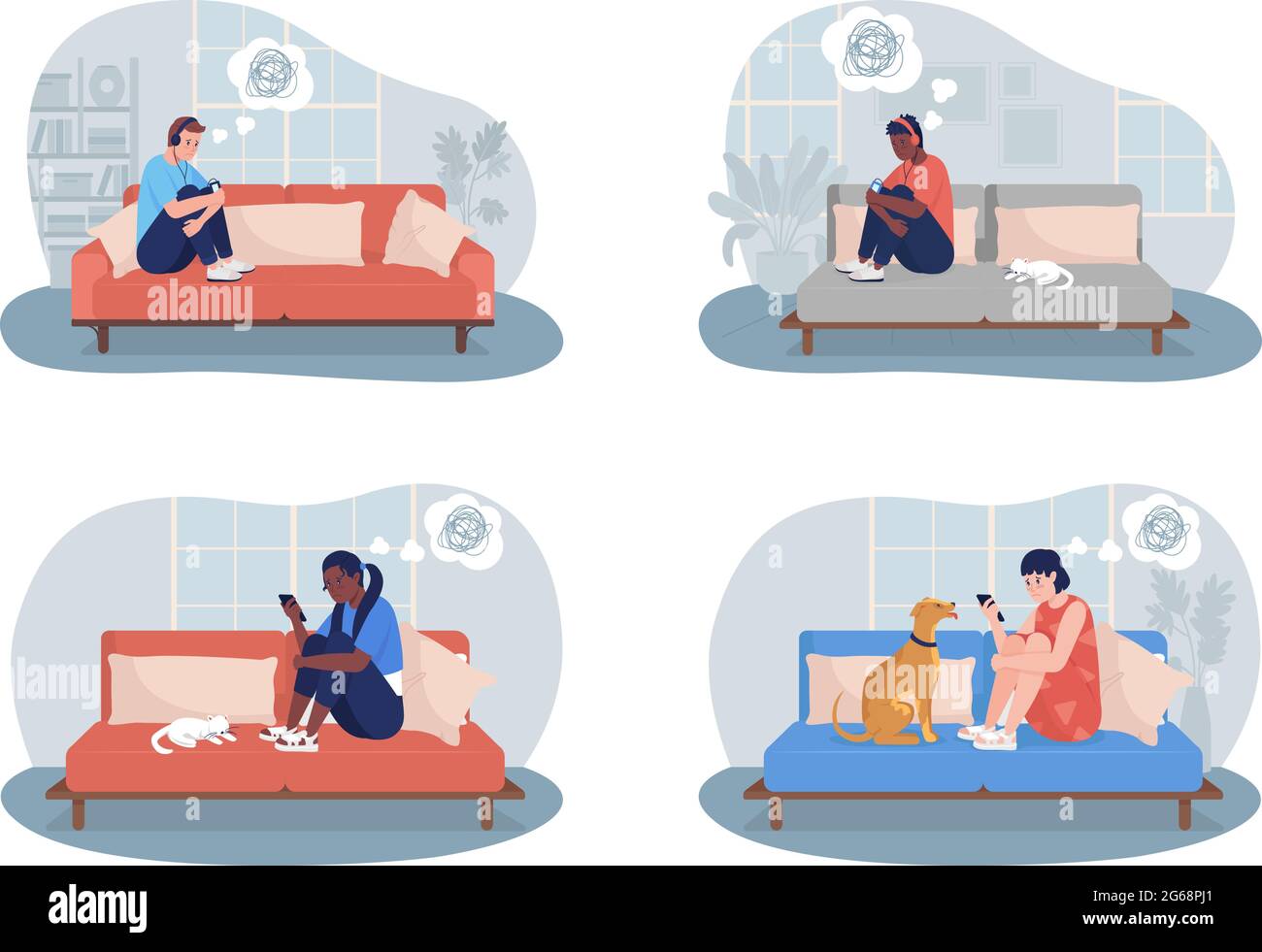 Sad teen sitting alone at home 2D vector isolated illustration set Stock Vector Image & Art - Alamy