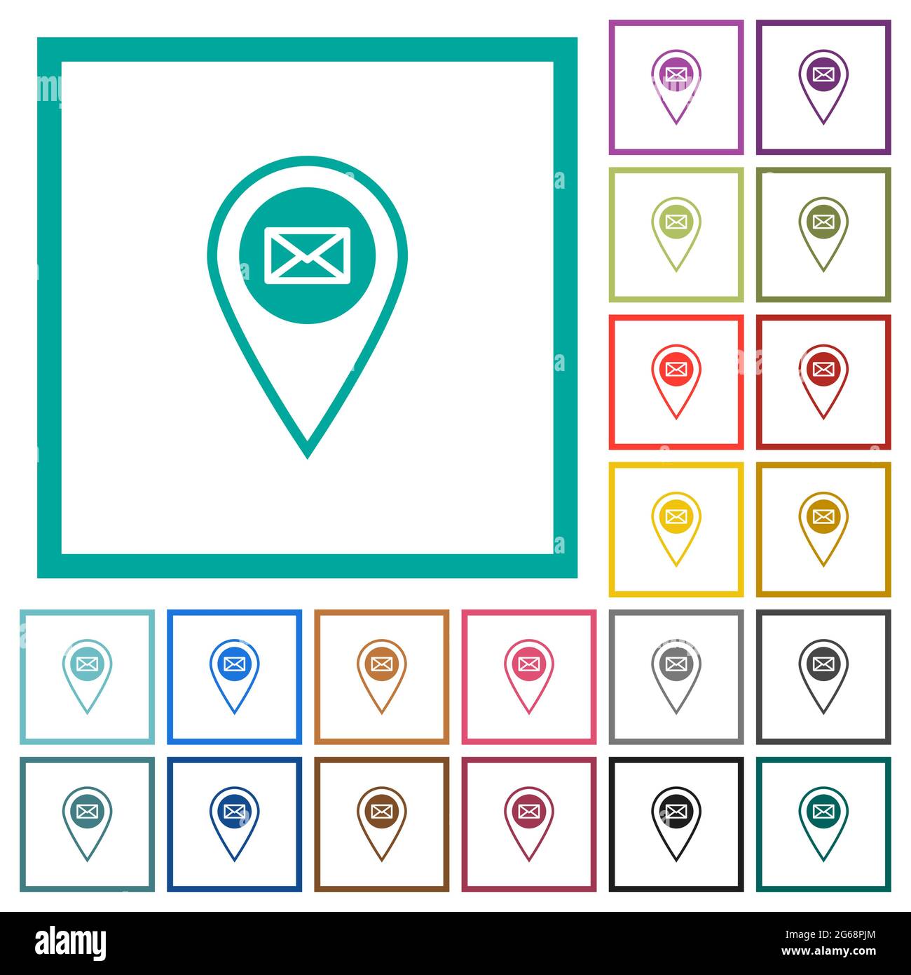 GPS location send mail flat color icons with quadrant frames on white ...