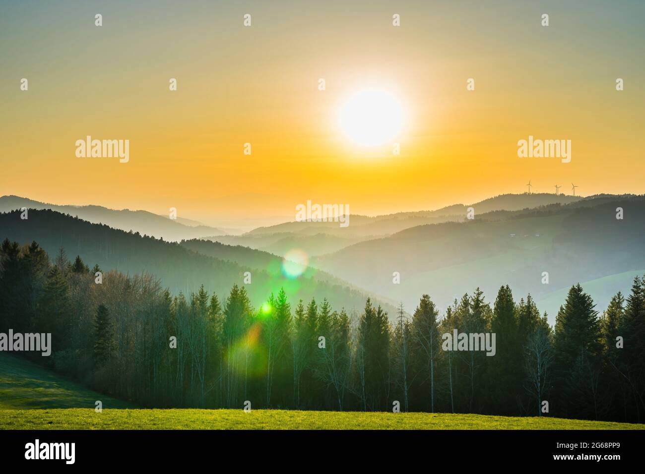 Germany, Romantic schwarzwald panorama sunset view above tree tops and ...