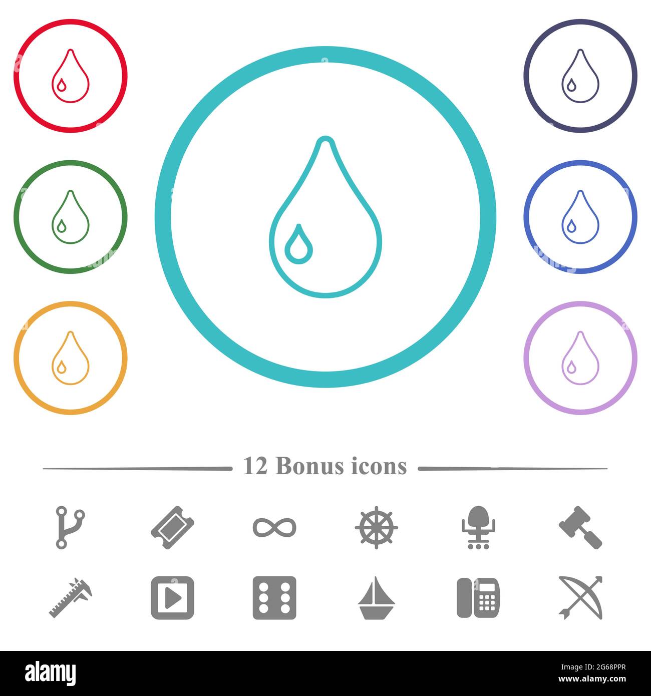 Single drop outline flat color icons in circle shape outlines. 12 bonus ...