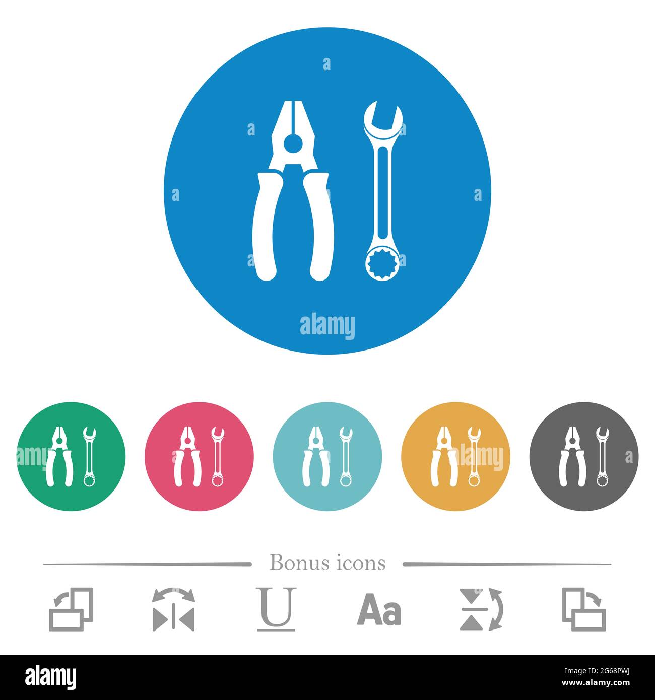 Combined pliers and wrench flat white icons on round color backgrounds ...