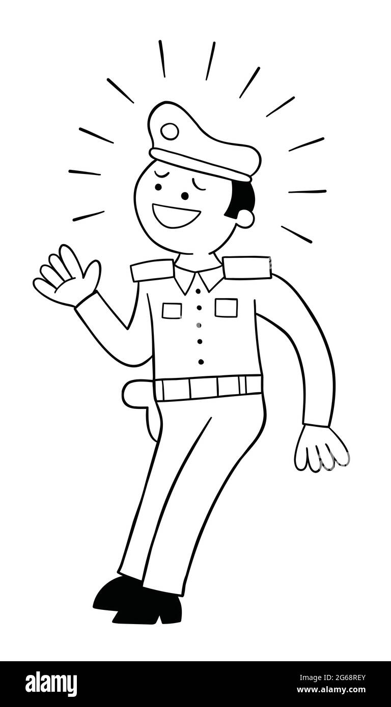 Cartoon police scared, vector illustration. Black outlined and white ...