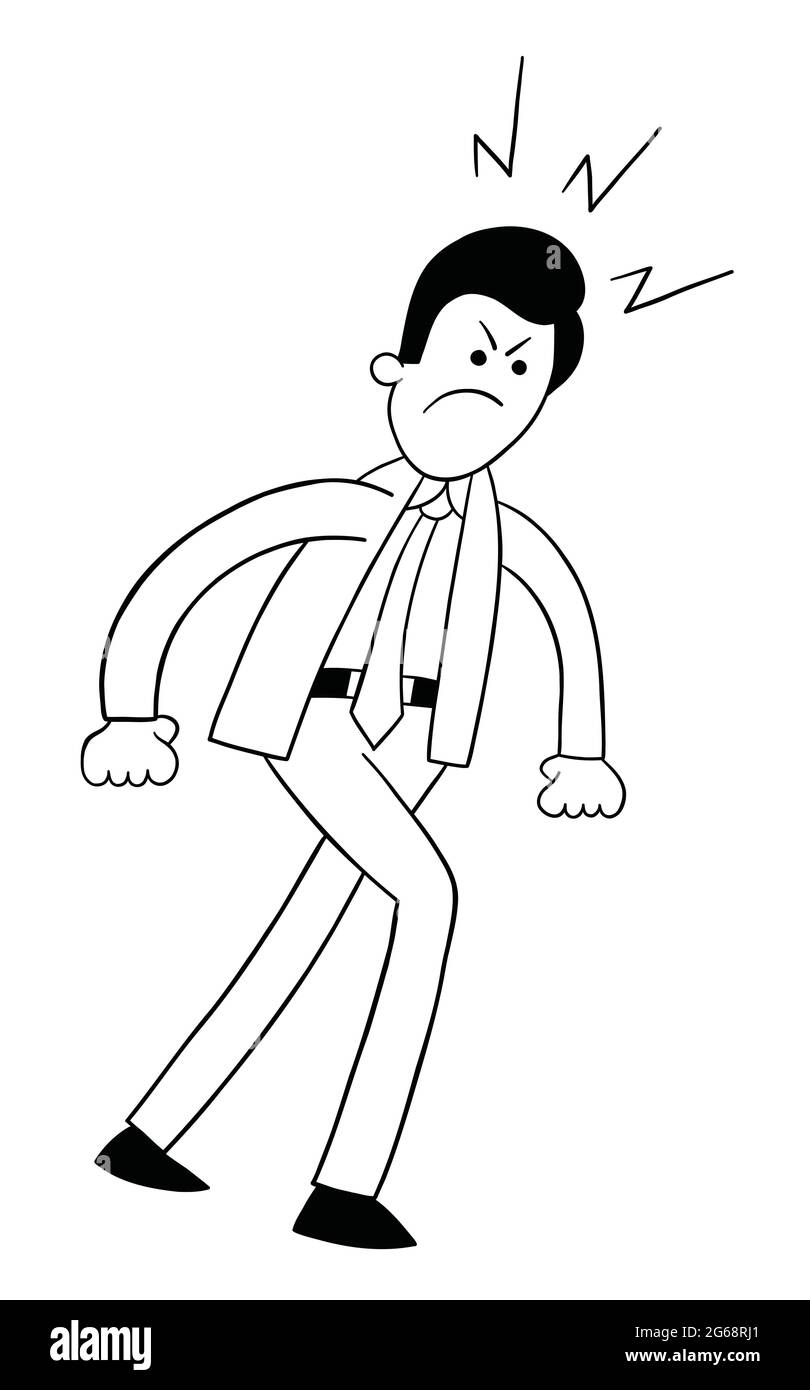 Cartoon business man walking angry, vector illustration. Black outlined ...