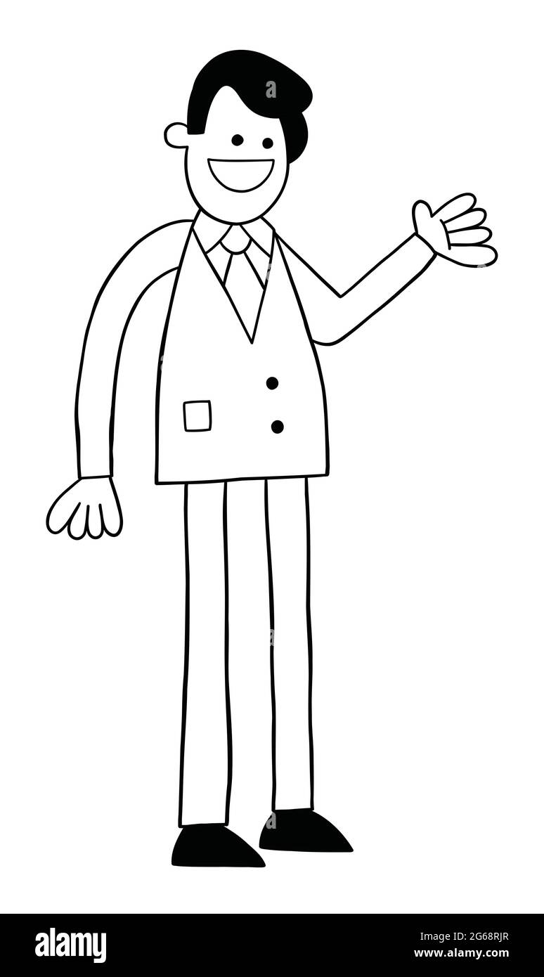 Cartoon happy businessman standing, vector illustration. Black outlined ...