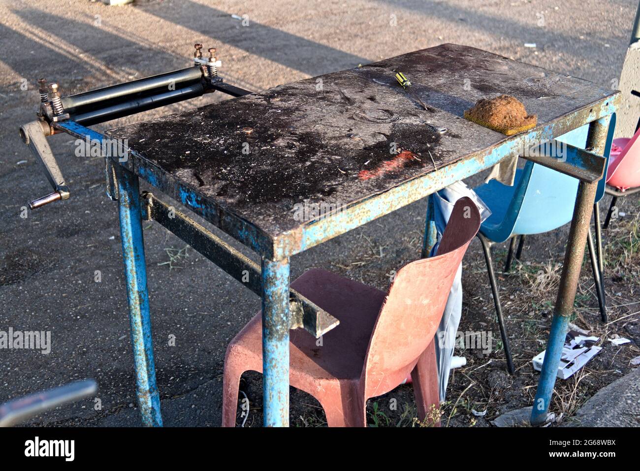 mechanic, work table soiled with oil Stock Photo - Alamy