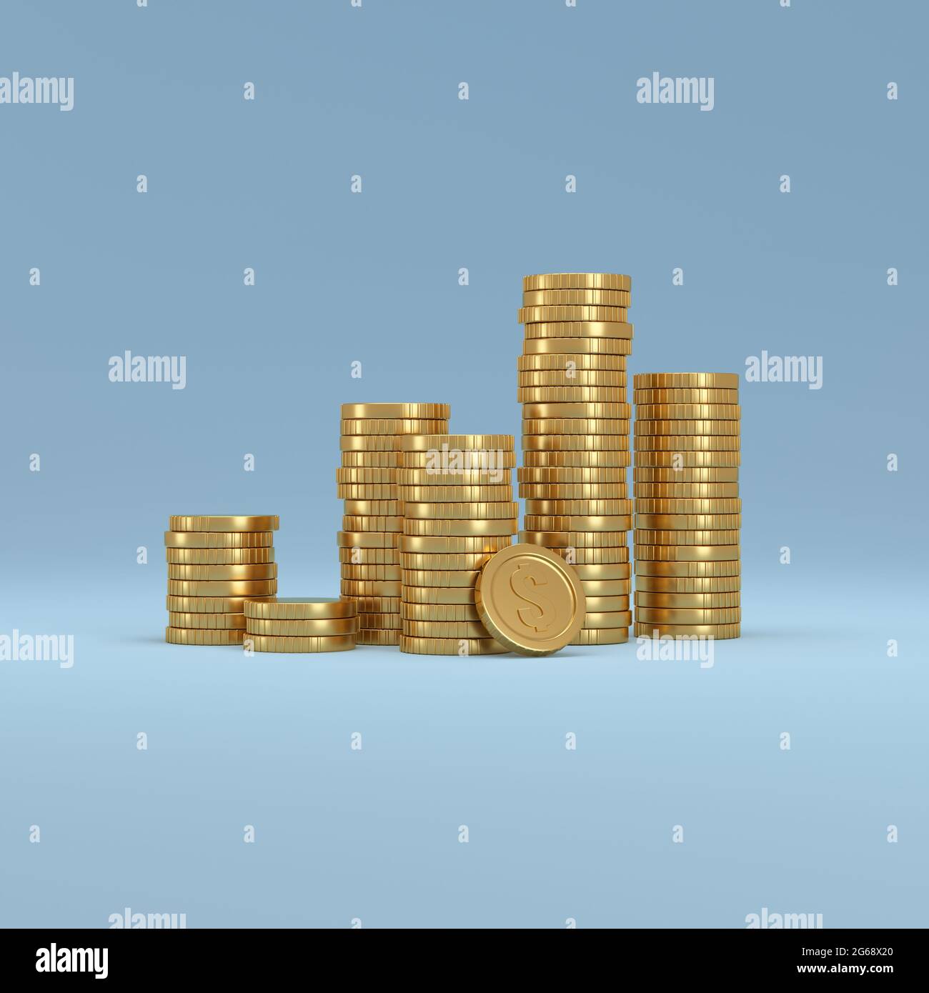 Stack of gold dollar coins on blue background. with concept of profit ...