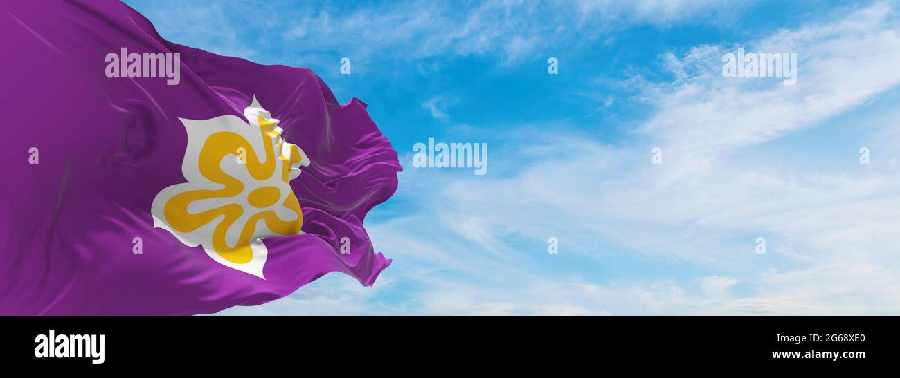 official flag of Kyoto prefecture waving in the wind on flagpoles ...
