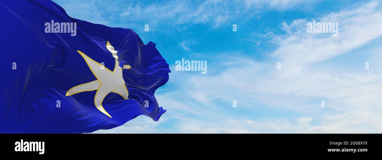 official flag of Chiba prefecture waving in the wind on flagpoles ...