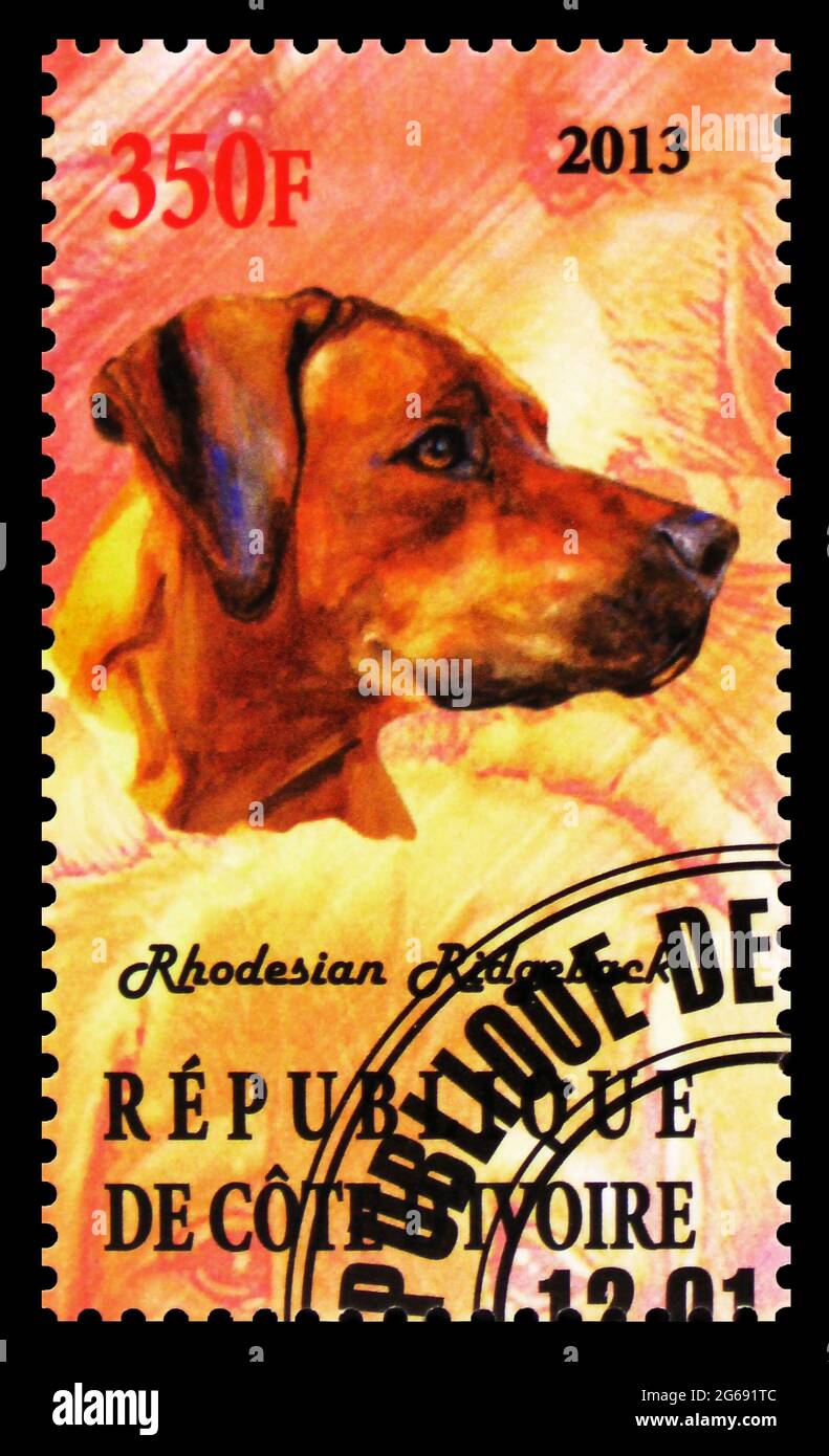 MOSCOW, RUSSIA - MARCH 28, 2020: Postage stamp printed in Cote d'Ivoire ...