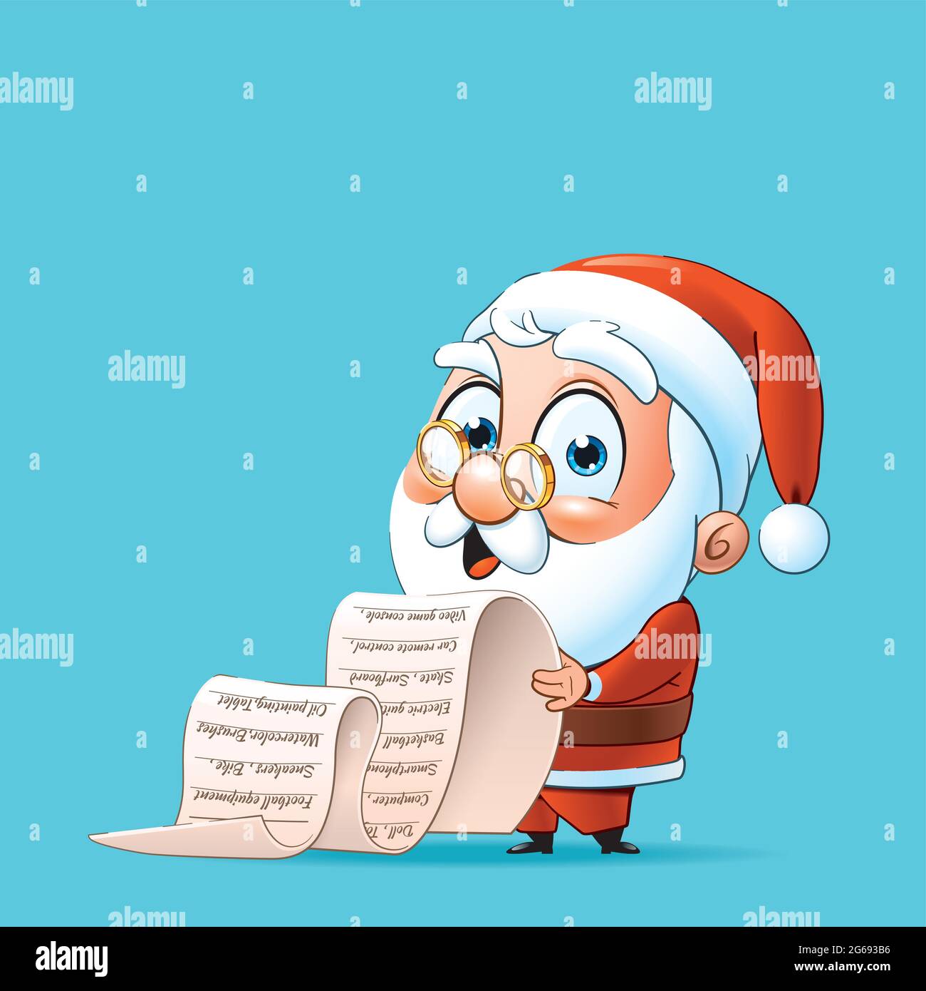 Cartoon illustration of a cheerful Santa Claus reading a wishes list ...