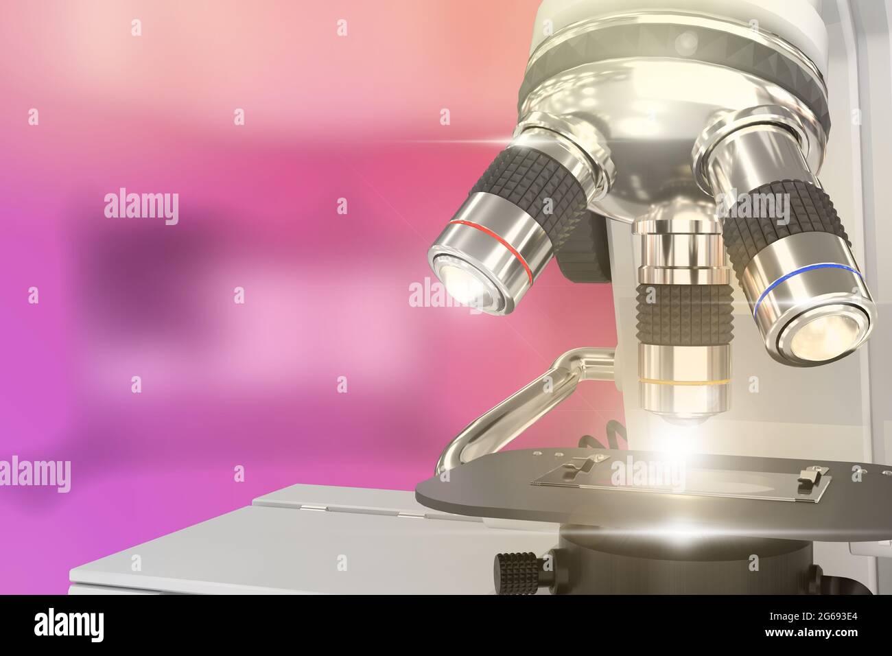 bacteria study concept, lab electronic scientific microscope with flare on bokeh background ...