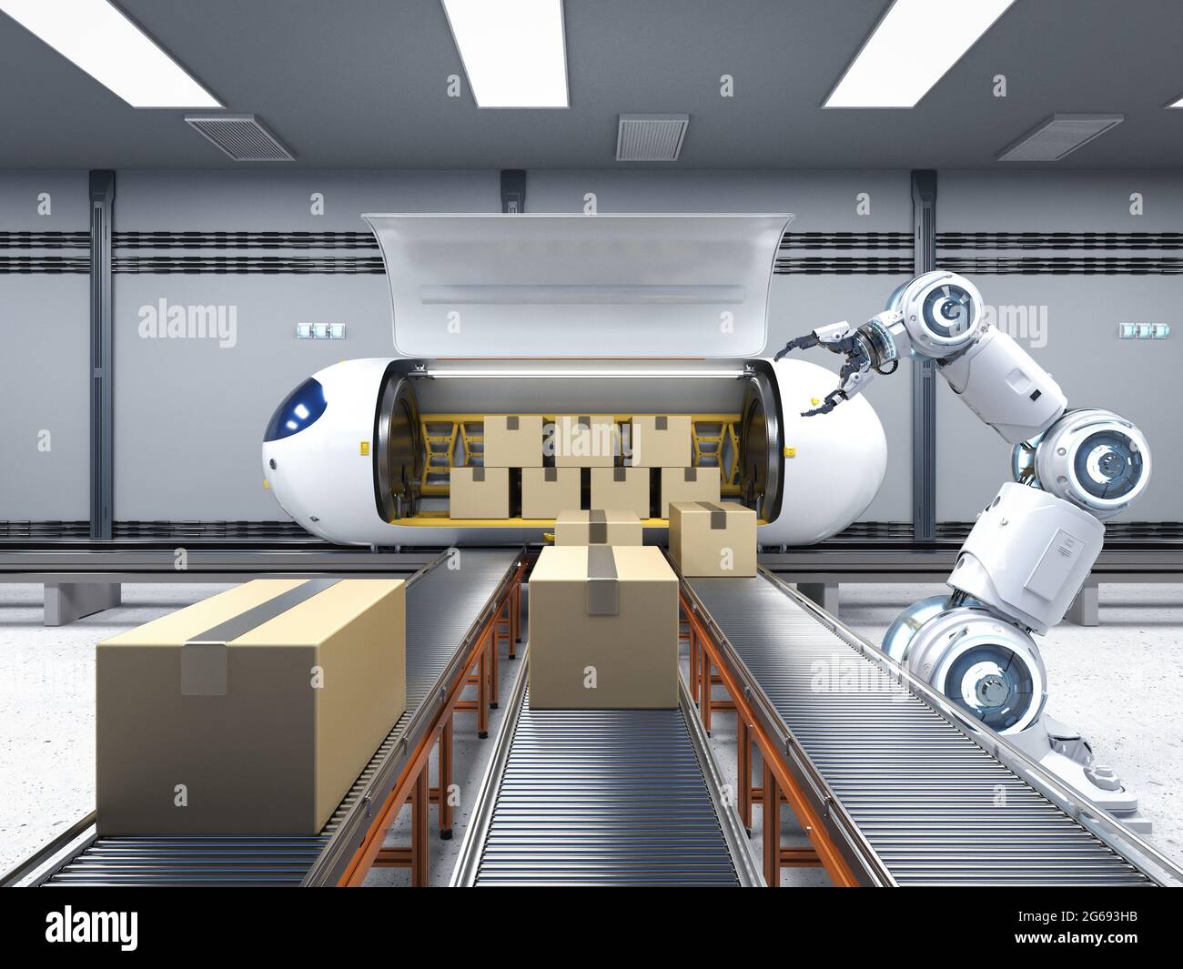 Transportation technology with 3d rendering robot carry cardboard boxes ...