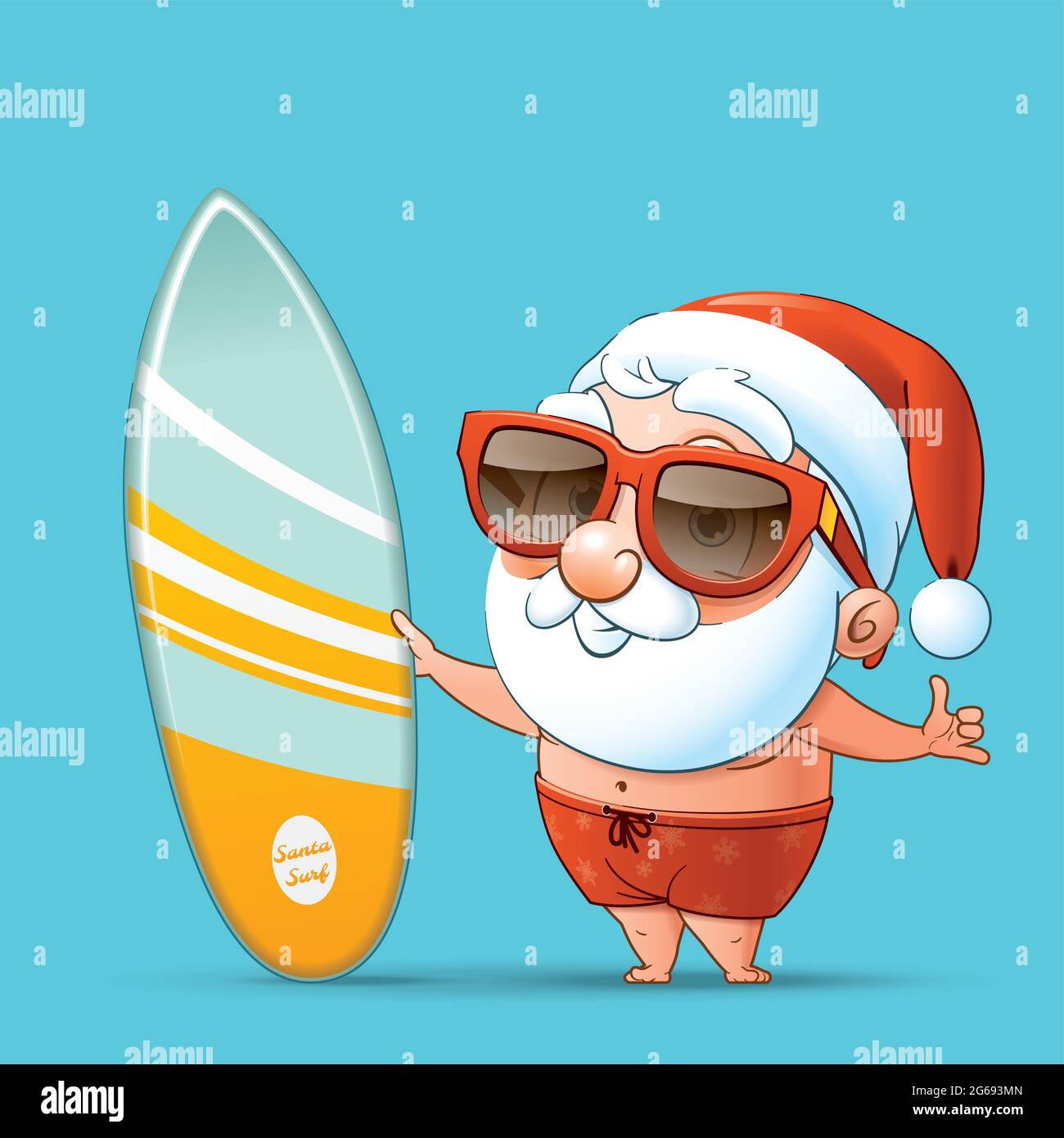 Cartoon illustration of a cheerful Santa Claus surfer holding his ...