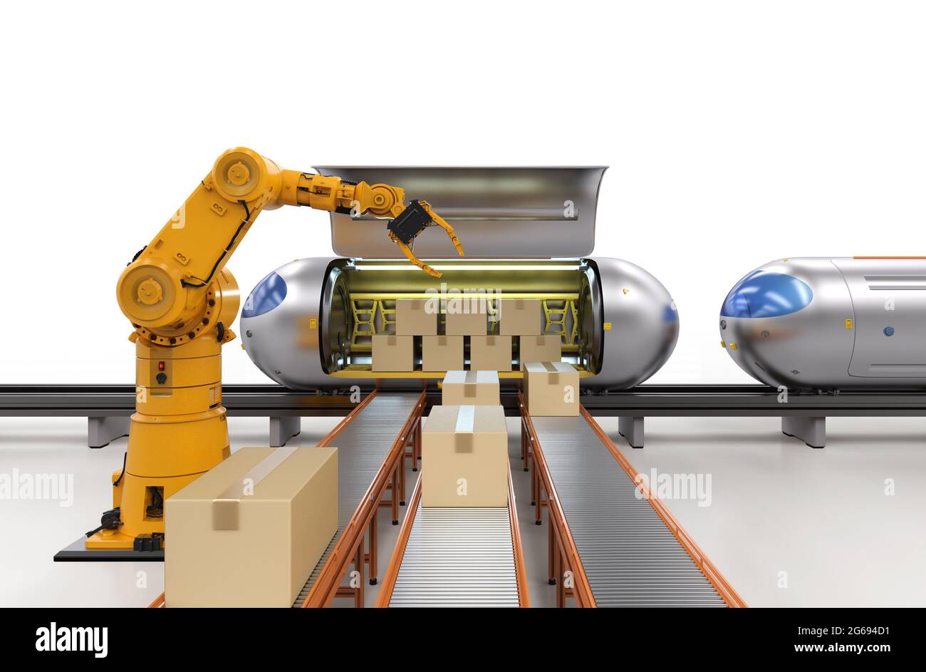 Transportation technology with 3d rendering robot carry cardboard boxes ...