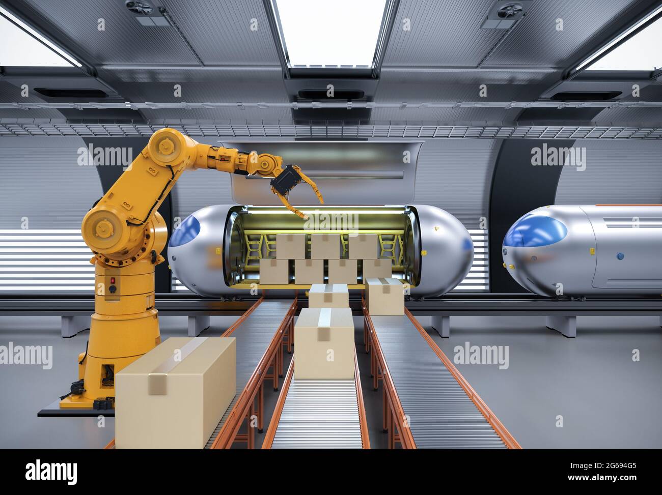 Transportation technology with 3d rendering robot carry cardboard boxes ...