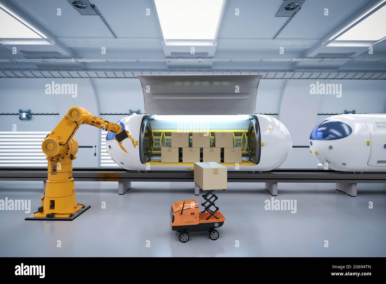 Transportation technology with 3d rendering robot carry cardboard boxes ...