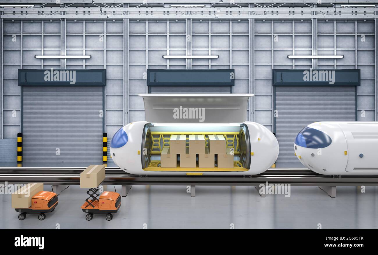 Transportation technology with 3d rendering robot carry cardboard boxes ...