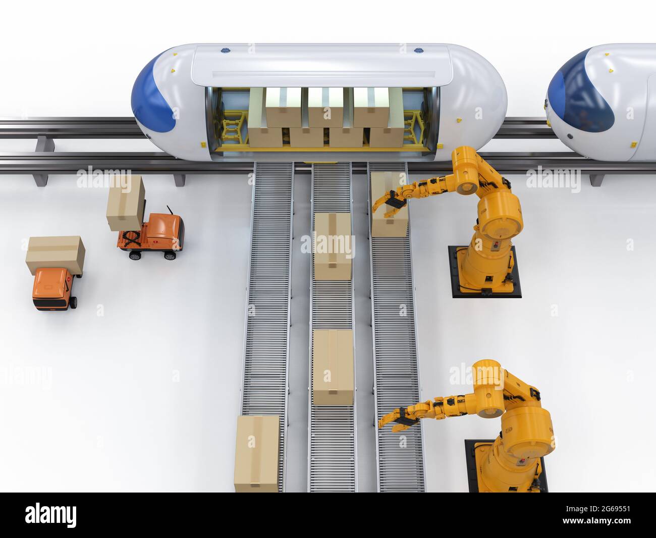 Transportation technology with 3d rendering robot carry cardboard boxes ...