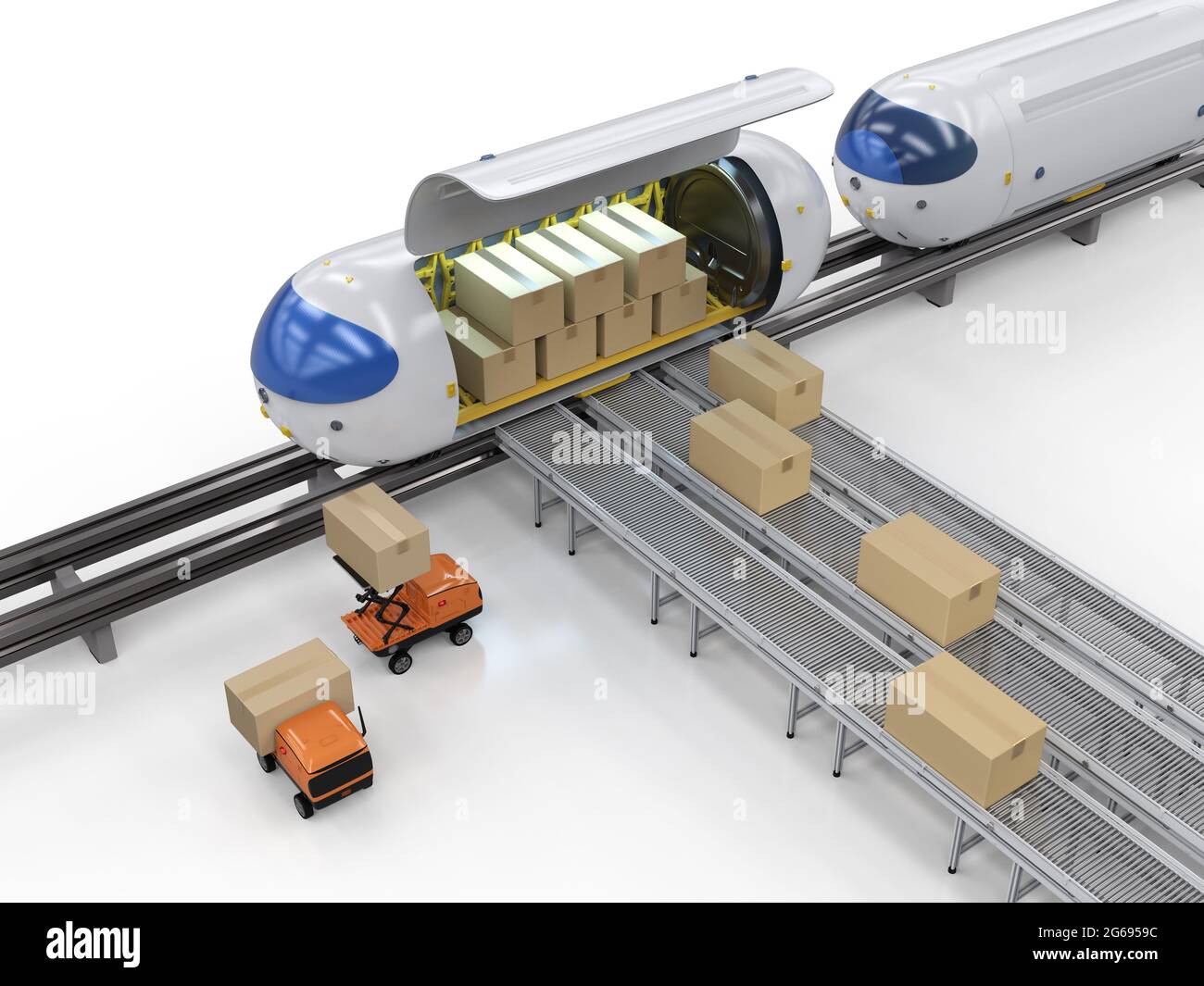 Transportation technology with 3d rendering robot carry cardboard boxes ...