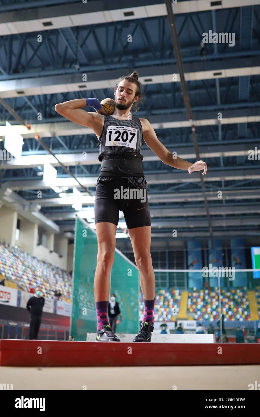 ISTANBUL, TURKEY - MARCH 06, 2021: Undefined athlete shot put during ...
