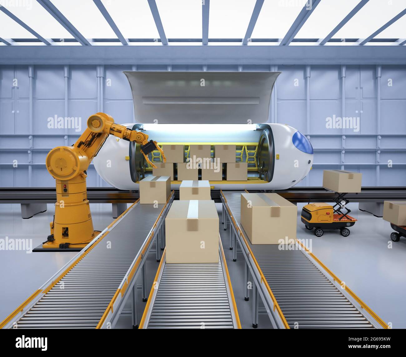 Transportation technology with 3d rendering robot carry cardboard boxes ...