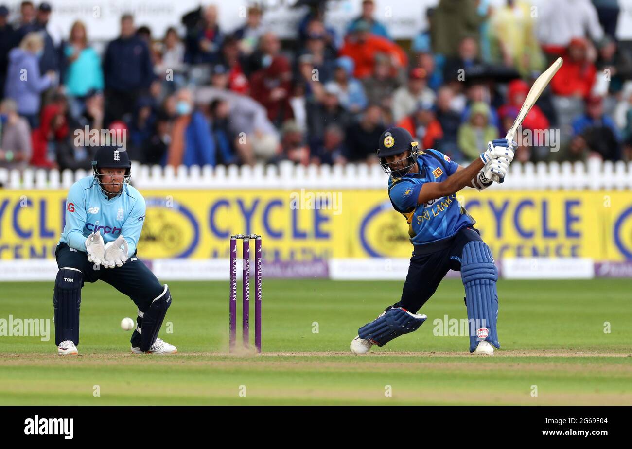Sri Lanka's Dasun Shanaka bats during the third one day international ...