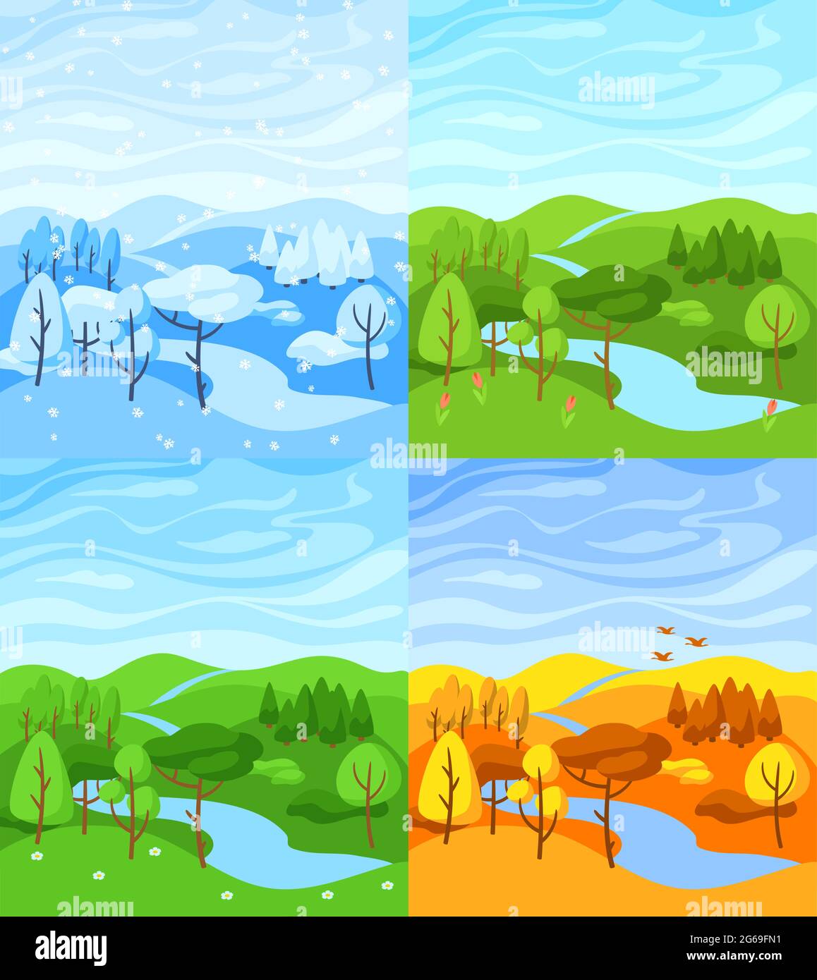 Four Seasons Landscape Illustration With Forest Trees And Bushes In