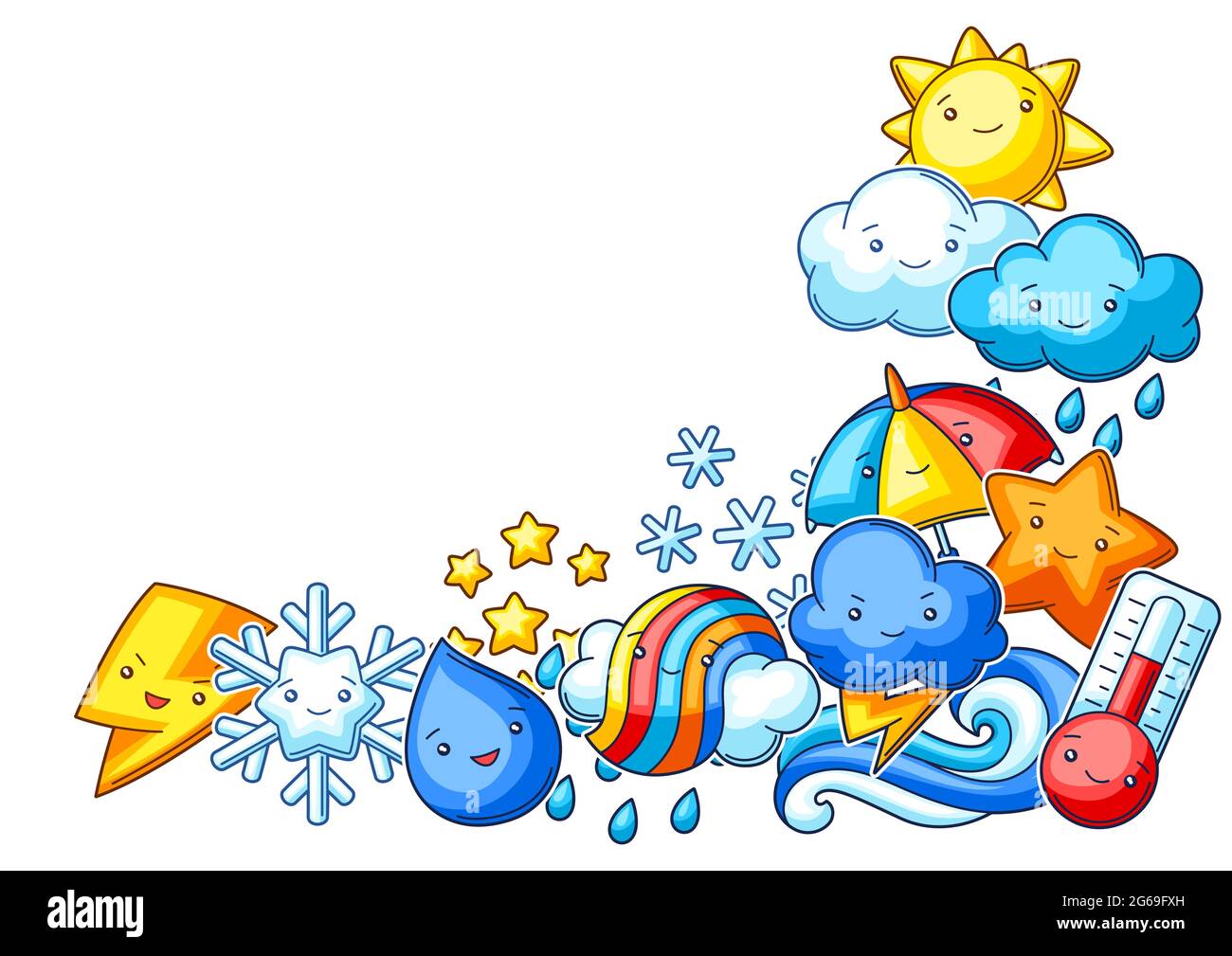 Background with cute kawaii weather items. Funny seasonal child ...