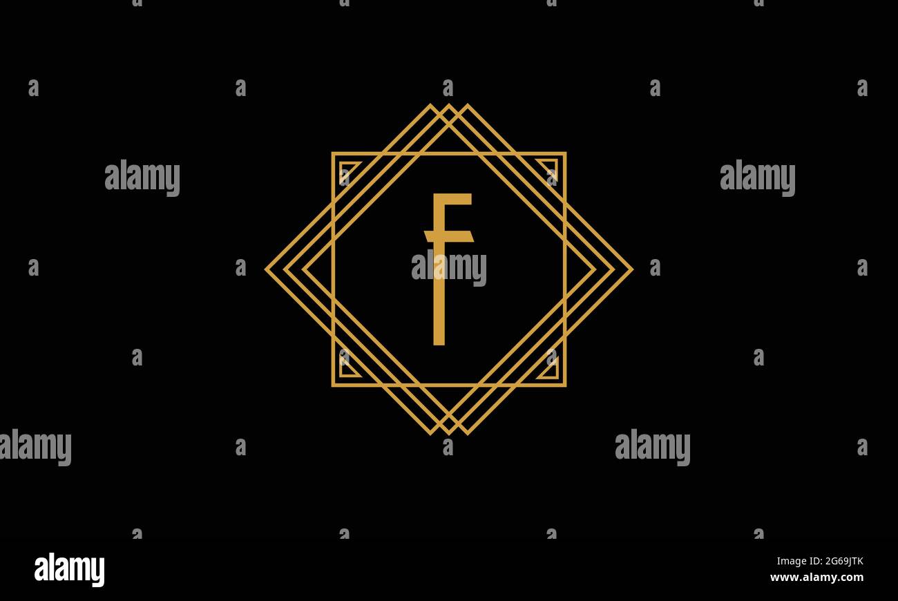 Letter F art deco minimalstic logo in gold color isolated in black ...