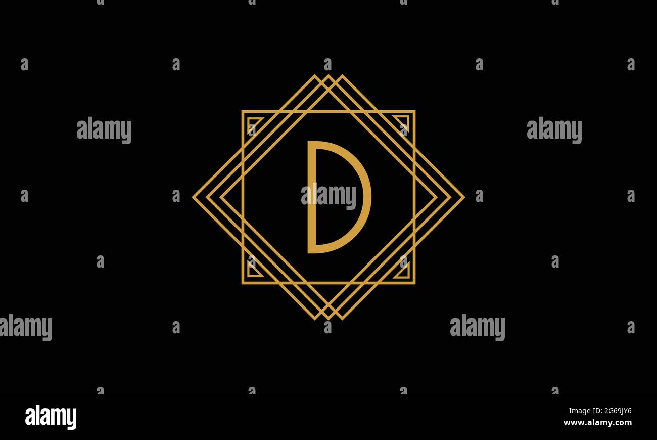 Letter D art deco minimalstic logo in gold color isolated in black ...