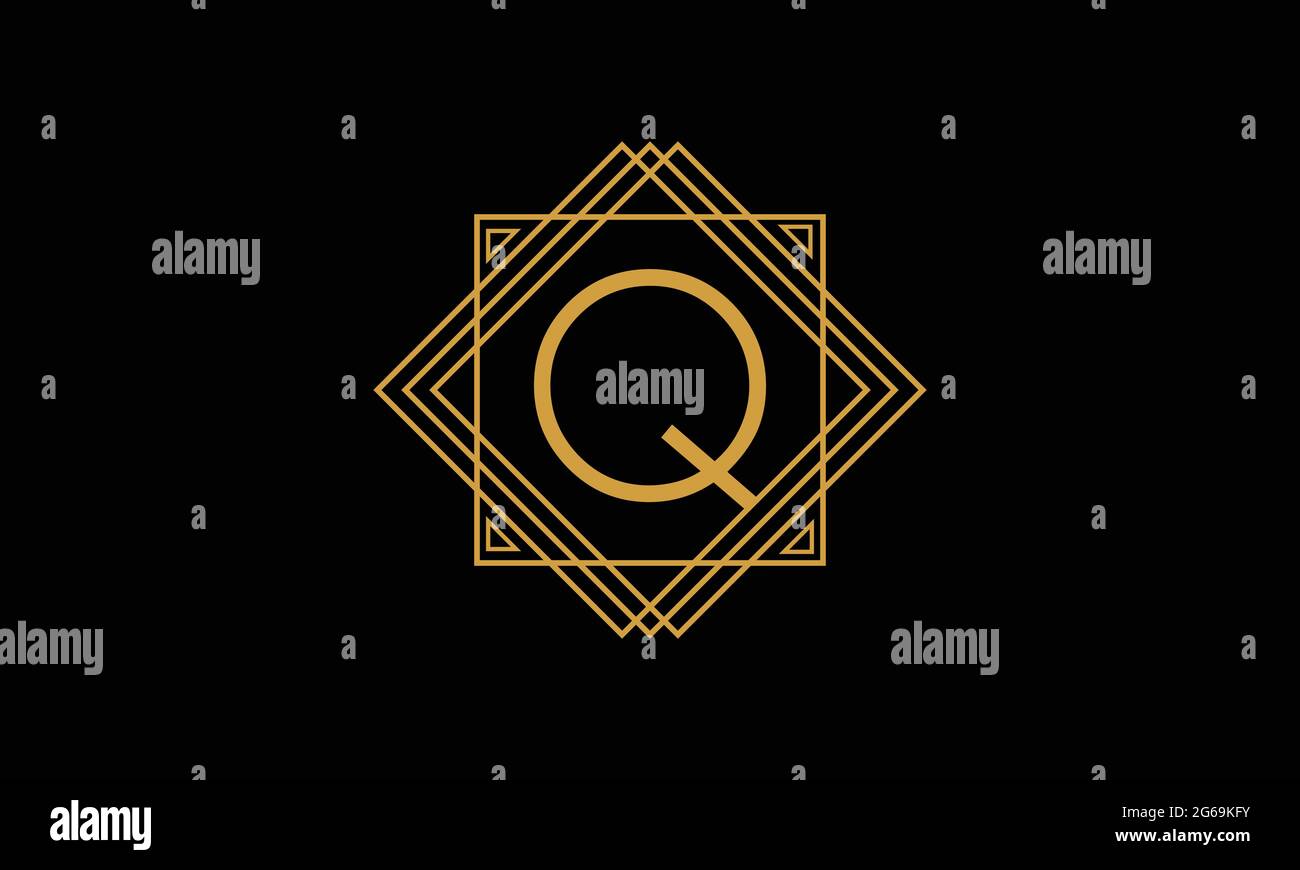Letter Q art deco minimalstic logo in gold color isolated in black ...
