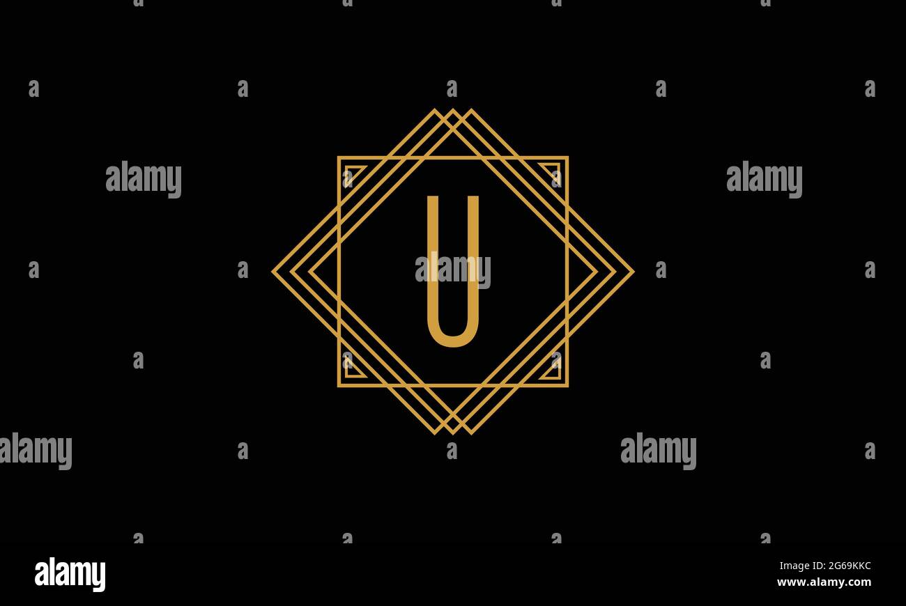 Letter U art deco minimalstic logo in gold color isolated in black ...