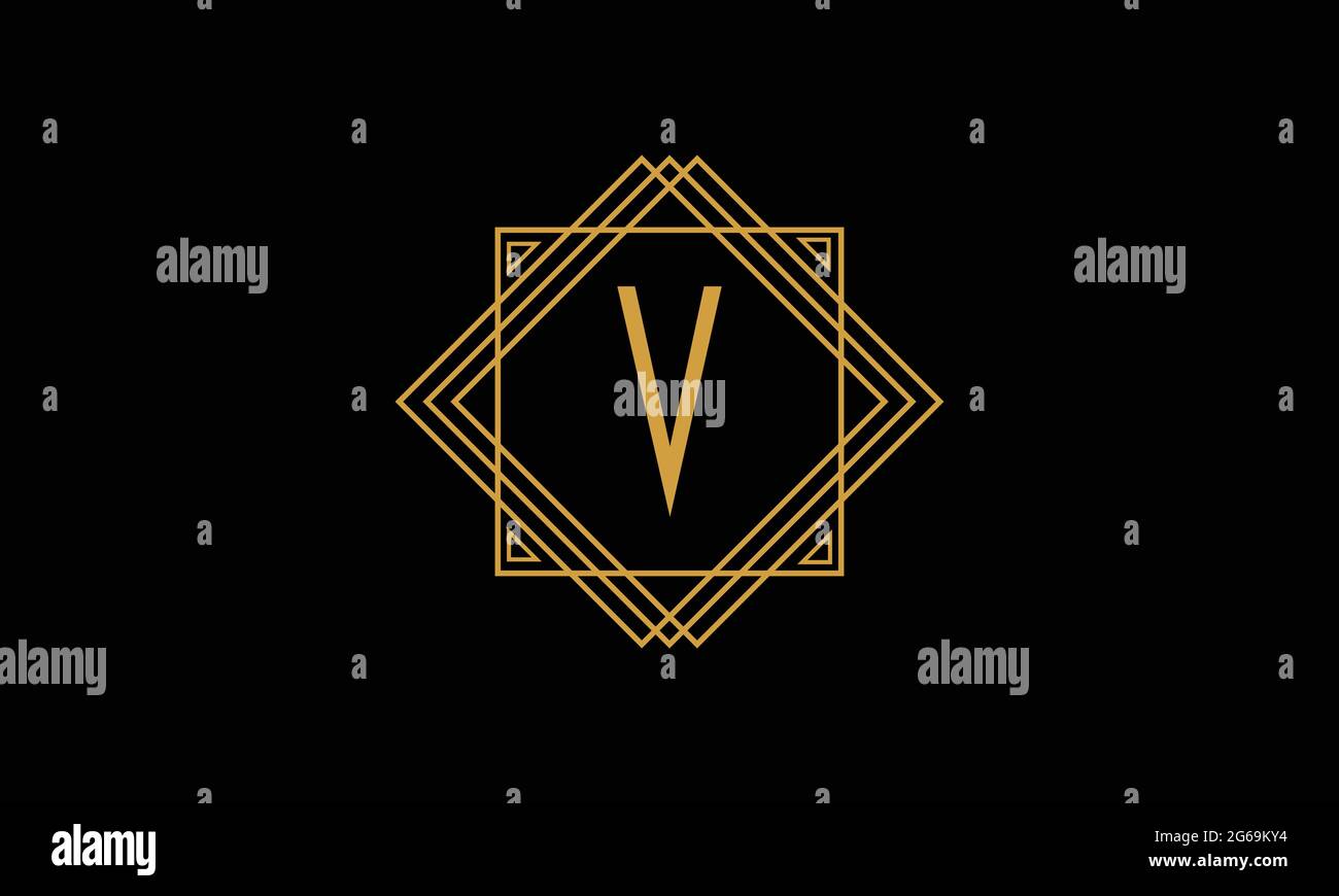 Letter V art deco minimalstic logo in gold color isolated in black ...