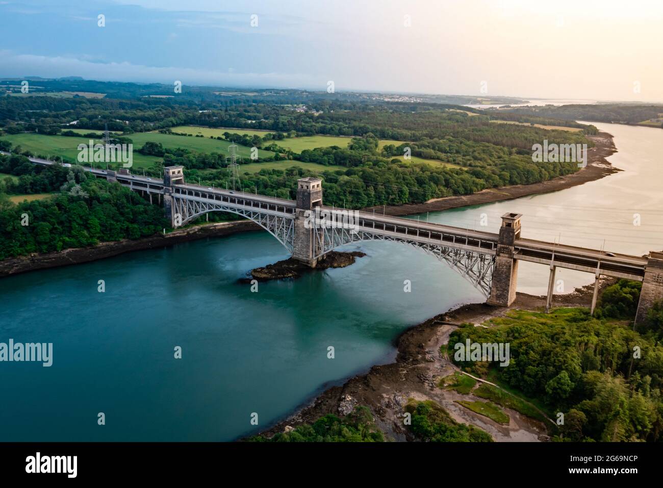 Aerial Vew Of Britannia Bridge carries road and railway across the ...
