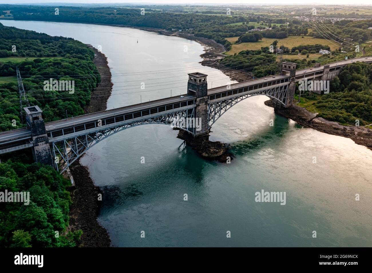 Aerial Vew Of Britannia Bridge carries road and railway across the ...