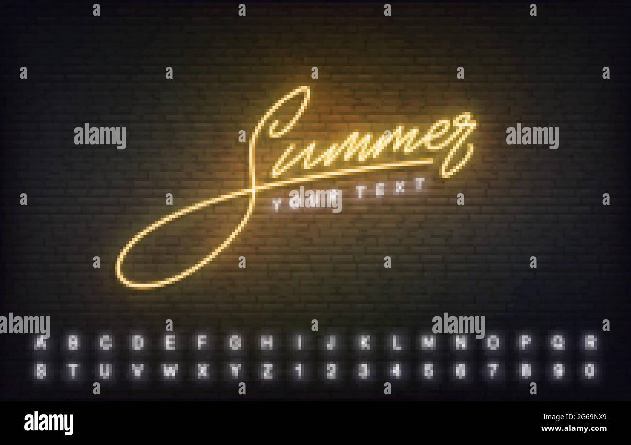 Summer template neon sign. Glowing yellow lettering calligraphy text ...
