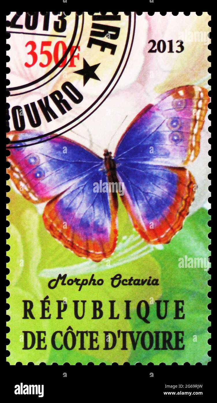 MOSCOW, RUSSIA - MARCH 28, 2020: Postage stamp printed in Cote d'Ivoire ...