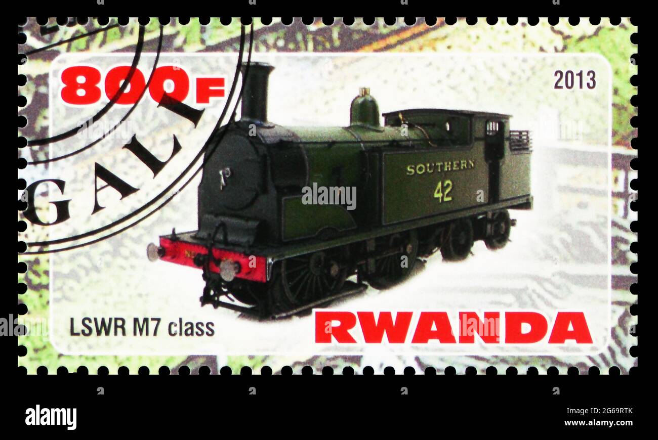 MOSCOW, RUSSIA - MARCH 28, 2020: Postage stamp printed in Rwanda shows ...