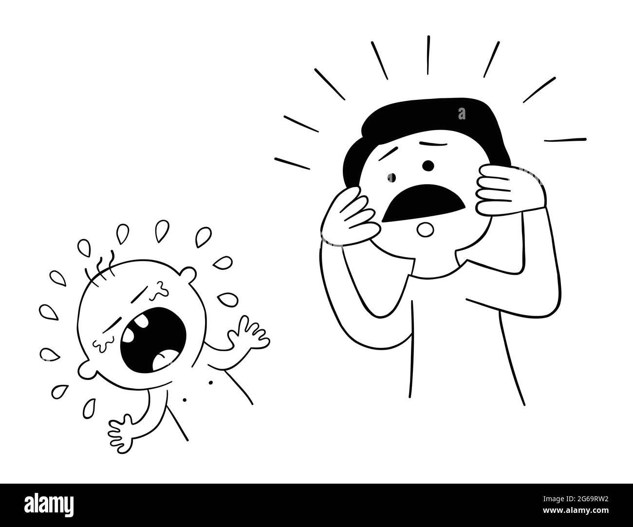 Cartoon baby is crying and his father doesn't know what to do, vector ...
